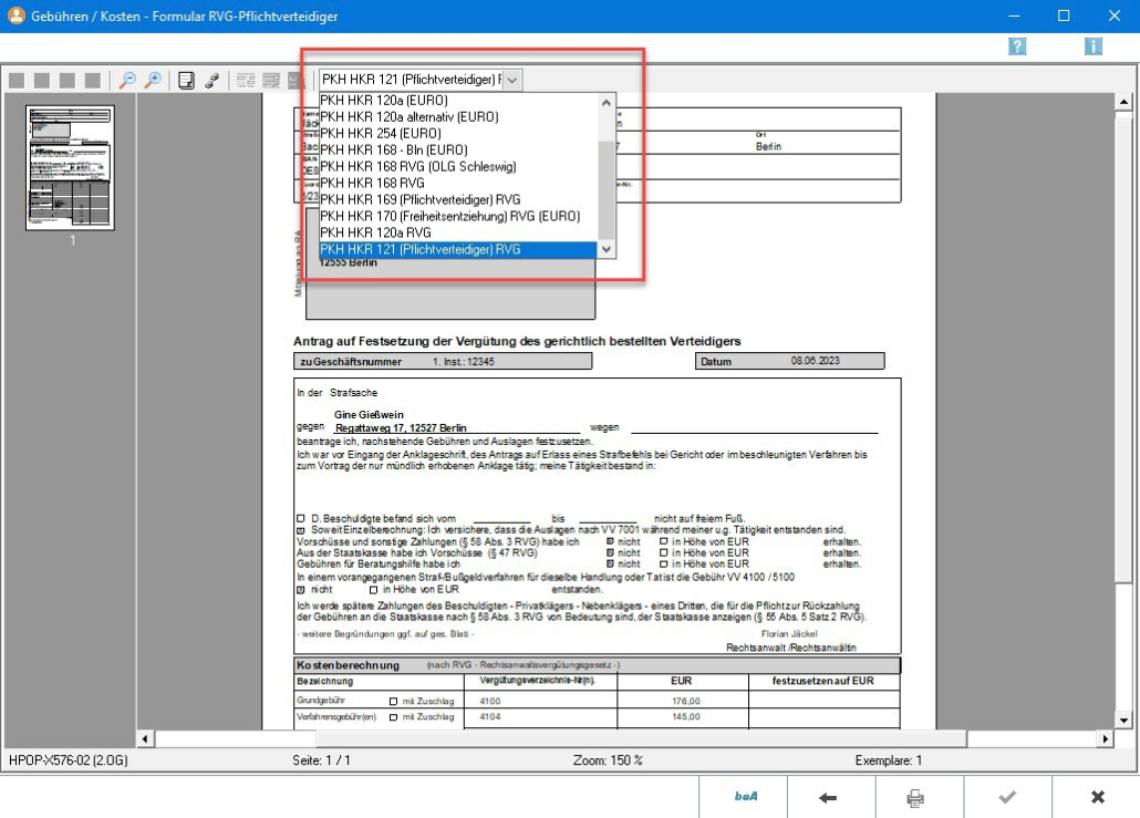 Gebühren: Pflichtverteidigerformular HKR 121 auswählbar. – RA-MICRO ...